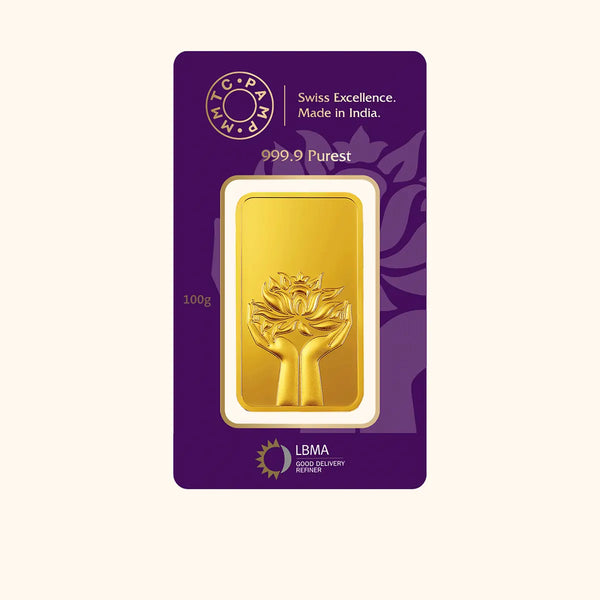 MMTC-PAMP LOTUS 24K (999.9) 100 GM GOLD BAR – RANKA JEWELLERS PC ...